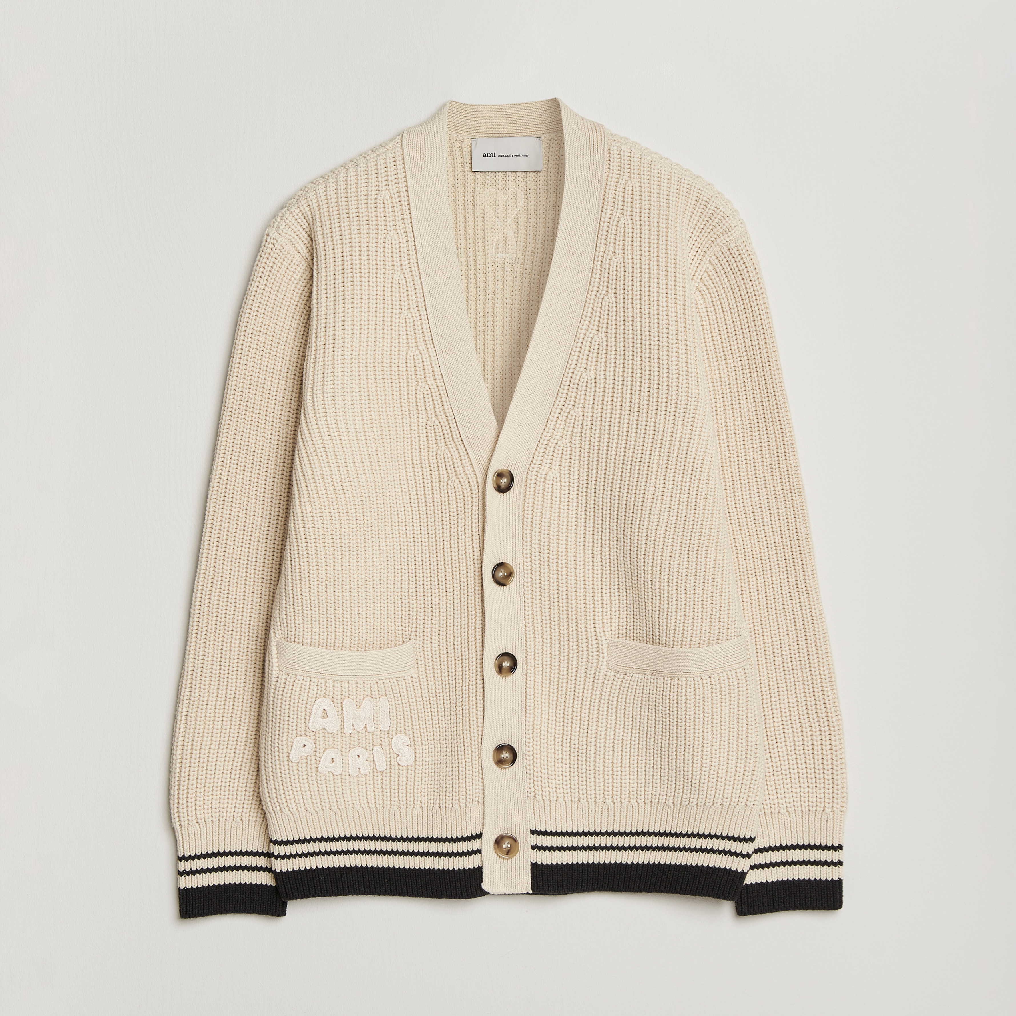 AMI Wool/Cotton Ribbed Cardigan Creme - CareOfCarl.dk